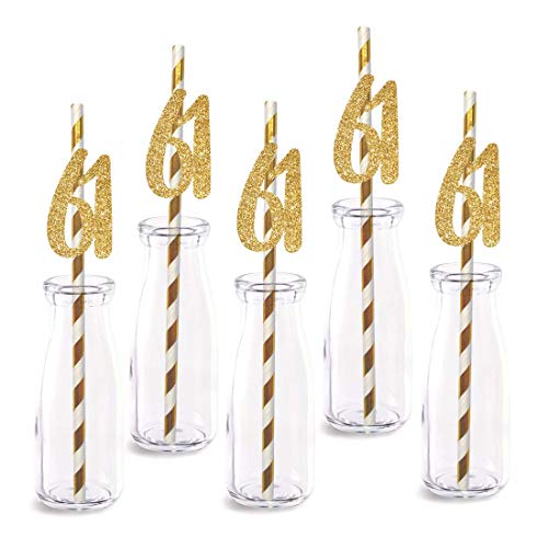 61st Birthday Paper Straw Decor, 24-Pack Real Gold Glitter Cut-Out Numbers Happy 61 Years Party Decorative Straws