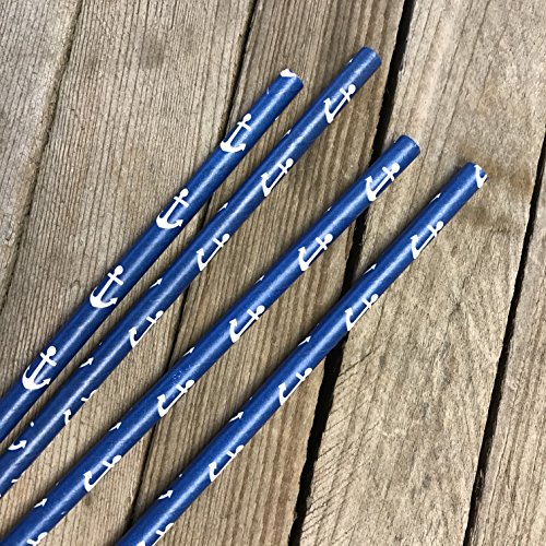 Anchor Nautical Themed Paper Straws - Navy Blue White - 50 Pack