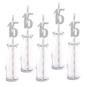 silver happy 15th birthday straw decor, silver glitter 24pcs cut-out number 15 party drinking decorative straws, supplies