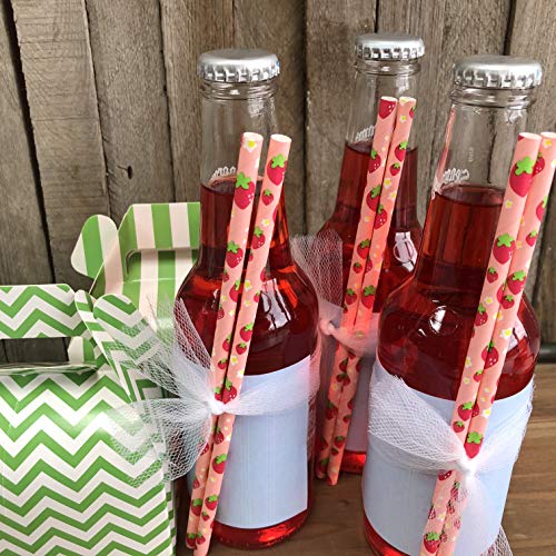 Strawberry Pattern Paper Straws - Pink Red Green - 7.75 Inches - 50 Pack