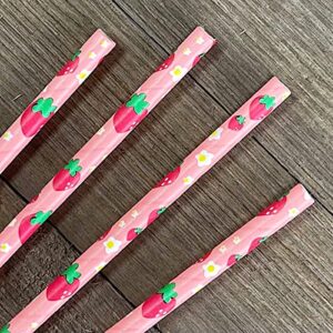 Strawberry Pattern Paper Straws - Pink Red Green - 7.75 Inches - 50 Pack