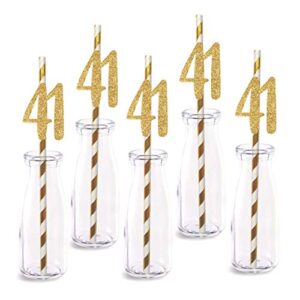 41st birthday paper straw decor, 24-pack real gold glitter cut-out numbers happy 41 years party decorative straws