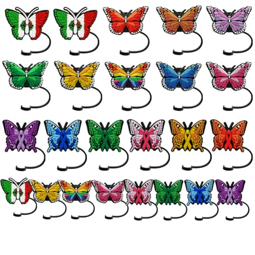 Butterfly Silicone Straw Tips Cover - 16 Pack Colorful Butterfly Cool Animal Reusable Drinking Straw Caps Lids Dust-Proof Straw Plugs for 6-8 mm(1/4 Inch) Straw Travel Home Outdoor Party