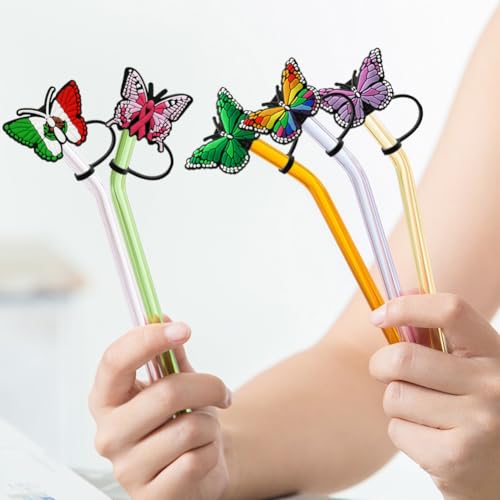 Butterfly Silicone Straw Tips Cover - 16 Pack Colorful Butterfly Cool Animal Reusable Drinking Straw Caps Lids Dust-Proof Straw Plugs for 6-8 mm(1/4 Inch) Straw Travel Home Outdoor Party