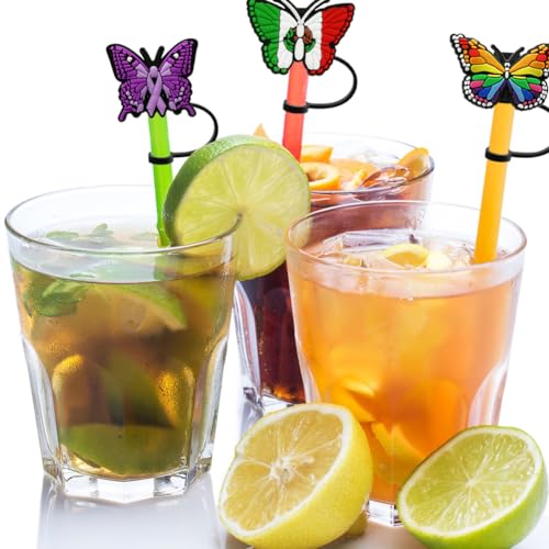 Butterfly Silicone Straw Tips Cover - 16 Pack Colorful Butterfly Cool Animal Reusable Drinking Straw Caps Lids Dust-Proof Straw Plugs for 6-8 mm(1/4 Inch) Straw Travel Home Outdoor Party