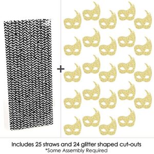 Big Dot of Happiness Gold Glitter Masks Party Straws - No-Mess Real Gold Glitter Cut-Outs & Decorative Masquerade Mardi Gras Party Paper Straws - Set of 24