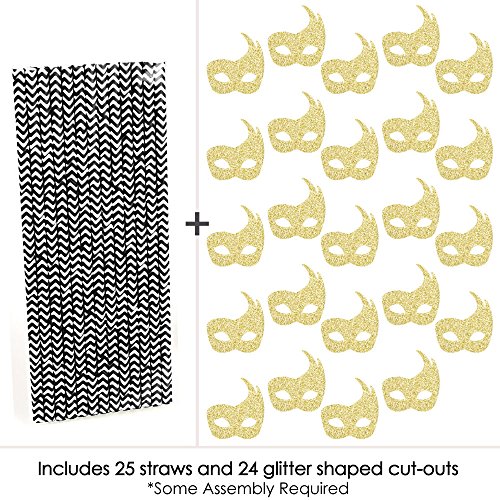 Big Dot of Happiness Gold Glitter Masks Party Straws - No-Mess Real Gold Glitter Cut-Outs & Decorative Masquerade Mardi Gras Party Paper Straws - Set of 24