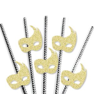 Big Dot of Happiness Gold Glitter Masks Party Straws - No-Mess Real Gold Glitter Cut-Outs & Decorative Masquerade Mardi Gras Party Paper Straws - Set of 24