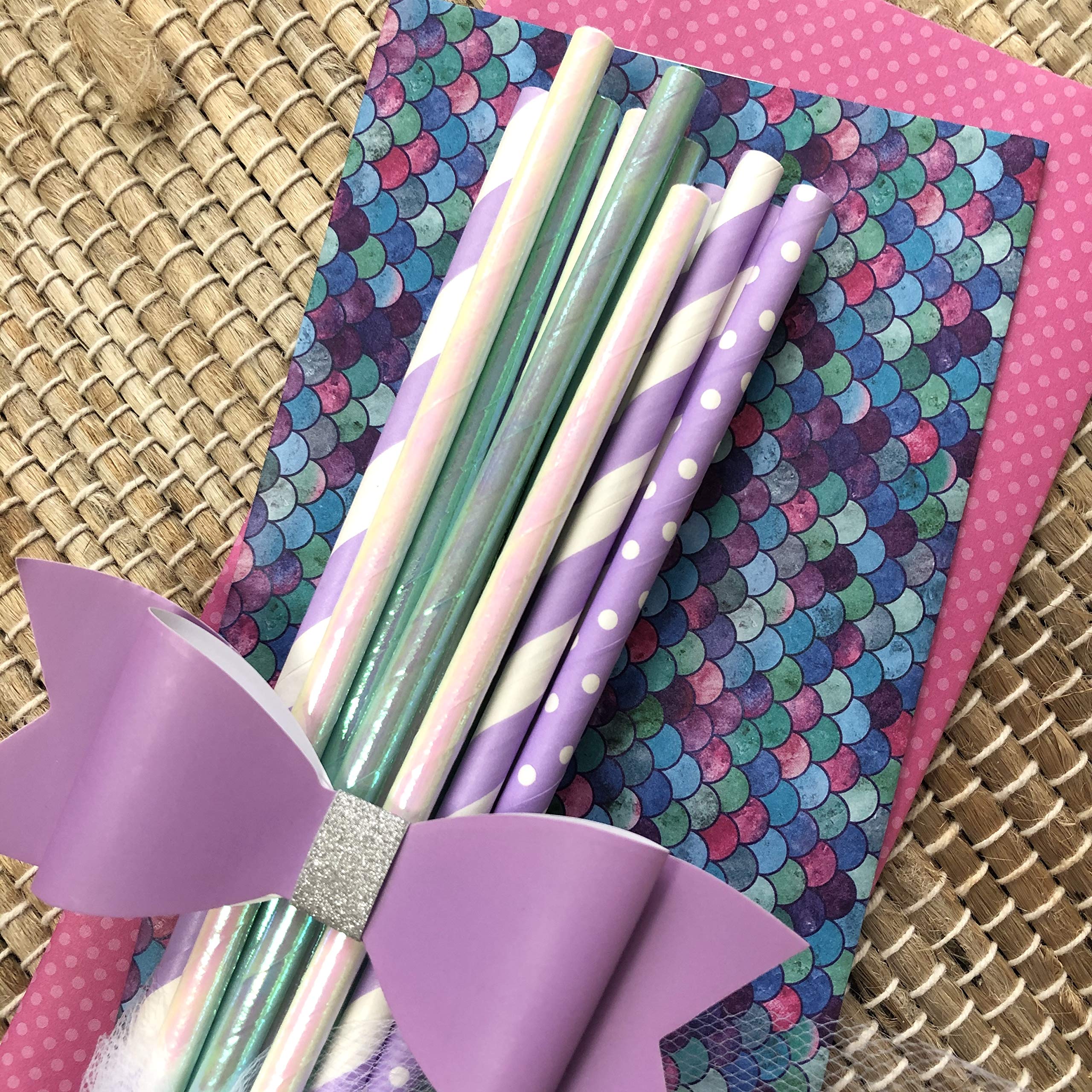 Mermaid Party Supply - Lilac Lavender Blue Green Paper Foil Drinking Straws - 7.75 Inches - 100 Pack