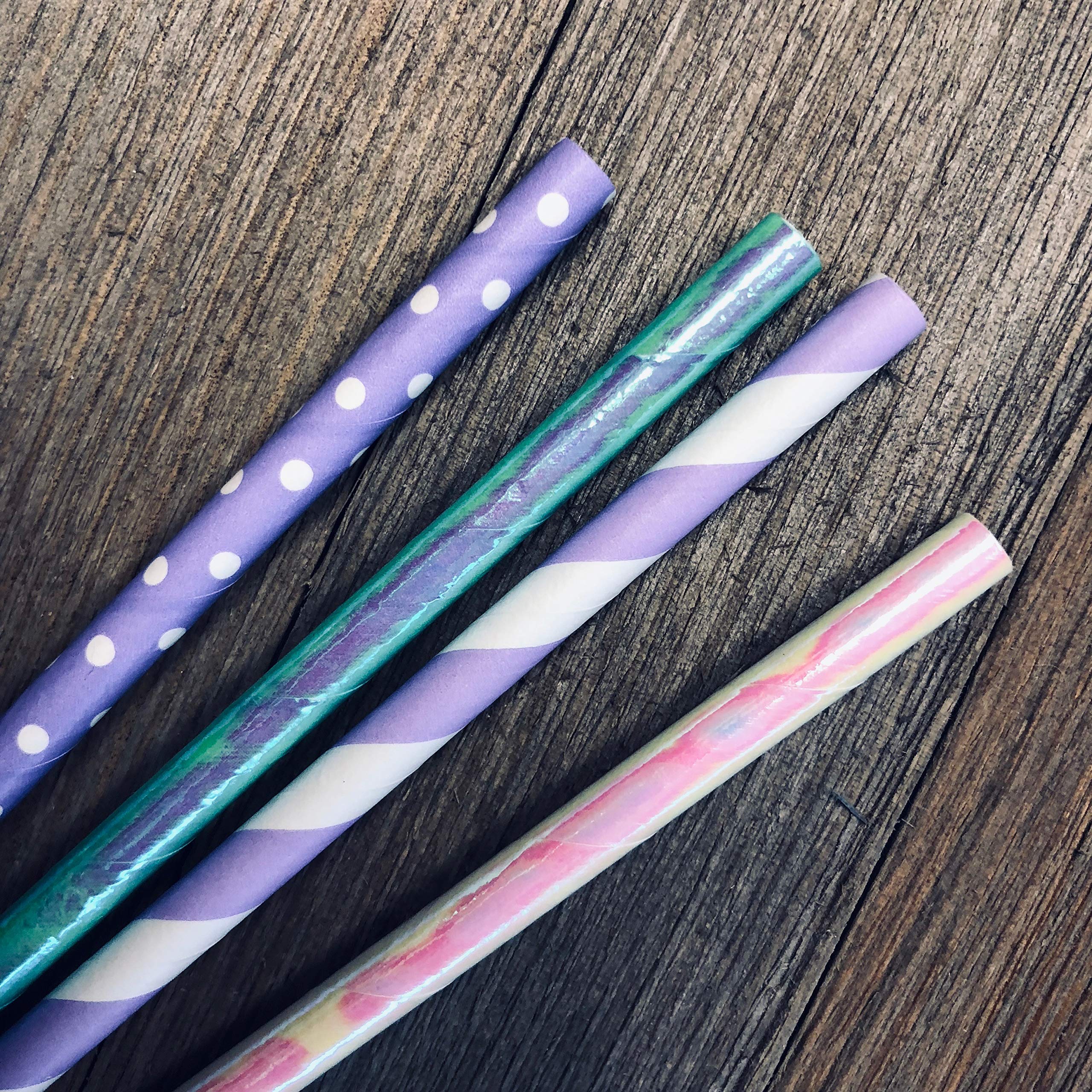 Mermaid Party Supply - Lilac Lavender Blue Green Paper Foil Drinking Straws - 7.75 Inches - 100 Pack