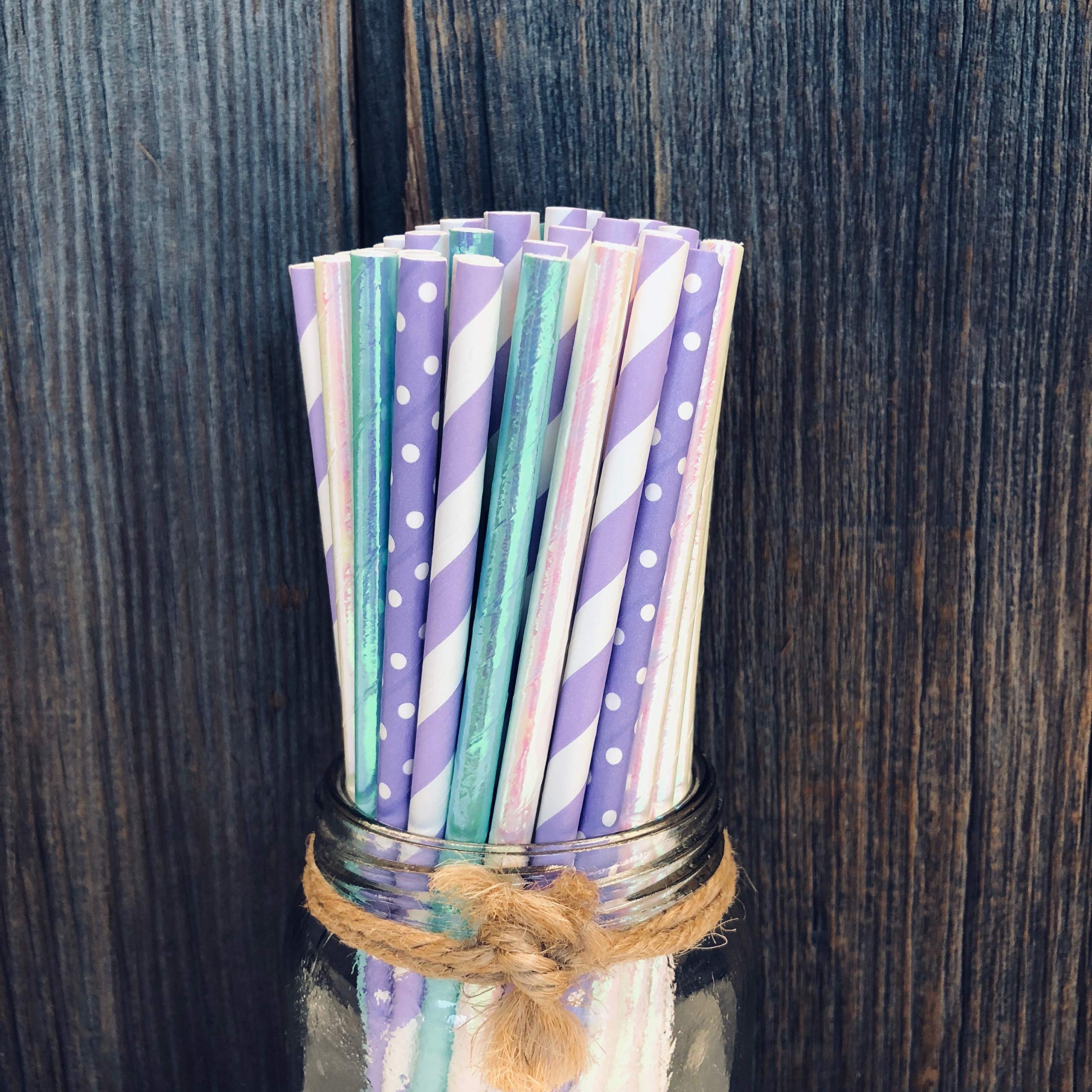 Mermaid Party Supply - Lilac Lavender Blue Green Paper Foil Drinking Straws - 7.75 Inches - 100 Pack