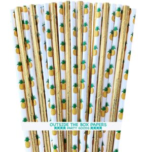 pineapple and gold foil paper straws - hawaiian luau - 7.75 inches - 100 pack - green yellow gold - outside the box papers brand