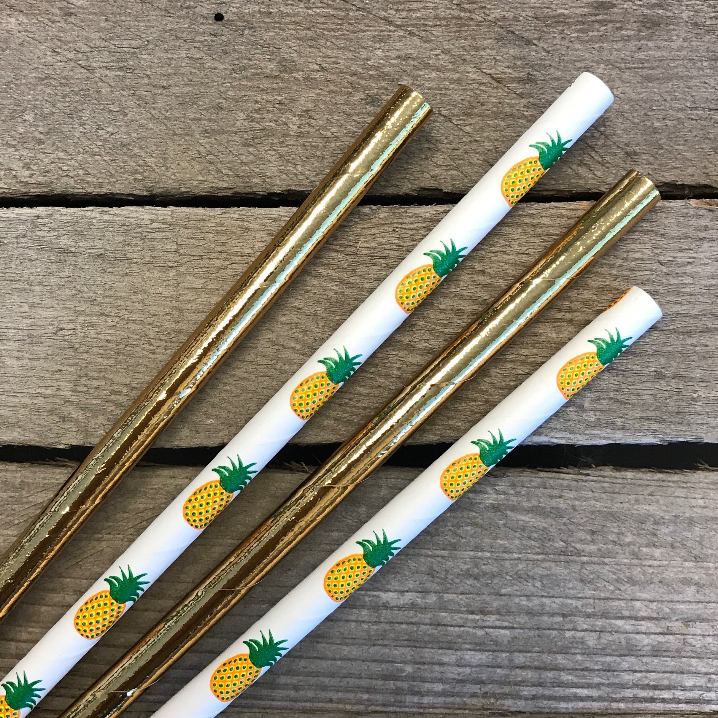 Pineapple and Gold Foil Paper Straws - Hawaiian Luau - 7.75 Inches - 100 Pack - Green Yellow Gold - Outside the Box Papers Brand