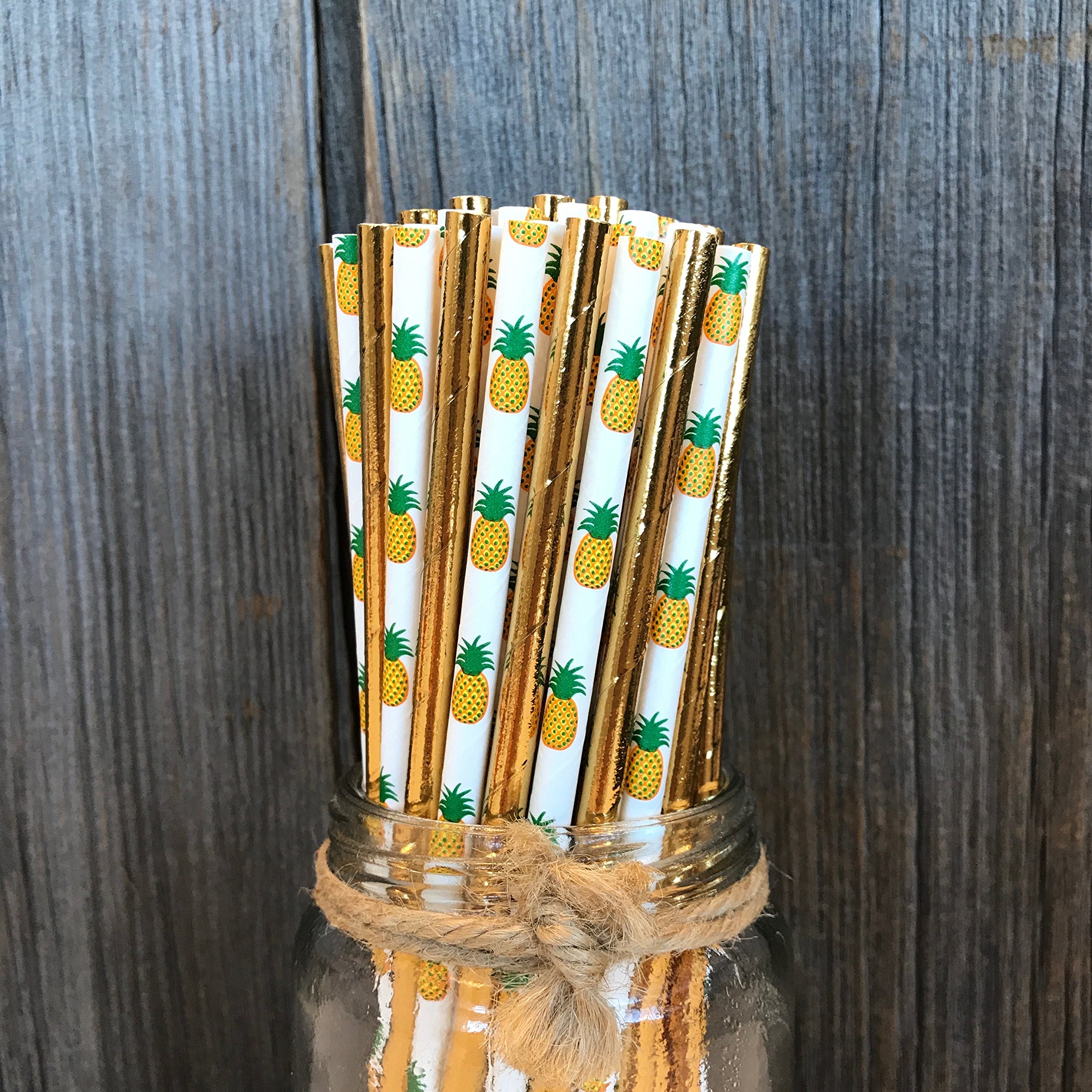 Pineapple and Gold Foil Paper Straws - Hawaiian Luau - 7.75 Inches - 100 Pack - Green Yellow Gold - Outside the Box Papers Brand