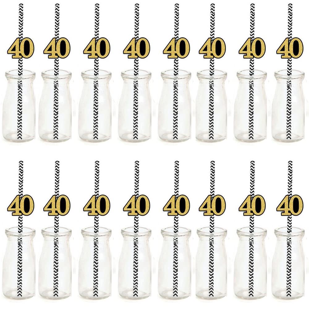 Happy 40th Birthday Straw Decor Gold Glitter Drinking Straw Cheers to 40 Years Thirty Birthday Party Decoration (24 PCS）