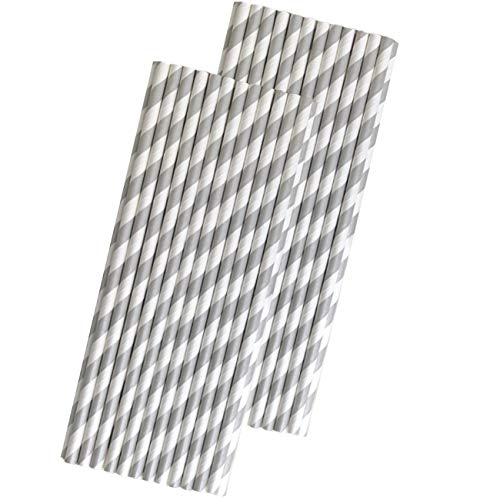 Striped Paper Straws - Silver White - Christmas Wedding Anniversary Supply - 7.75 Inches - 50 Pack - Outside the Box Papers Brand