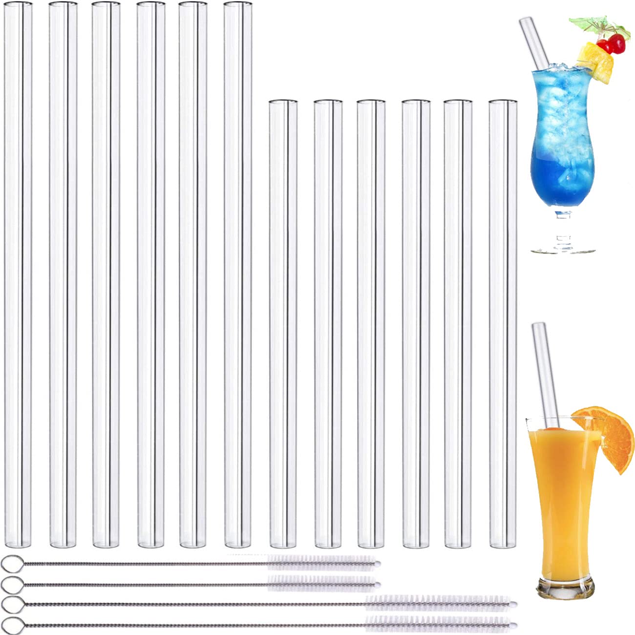 12 Pack Reusable Glass Straws Set,6 straight long straws 9"x 10 mm-Smoothie Straws reusable,6 straight short straws 6"x 10 mm-cocktail straws,With 4 cleaning brushes to clear straws