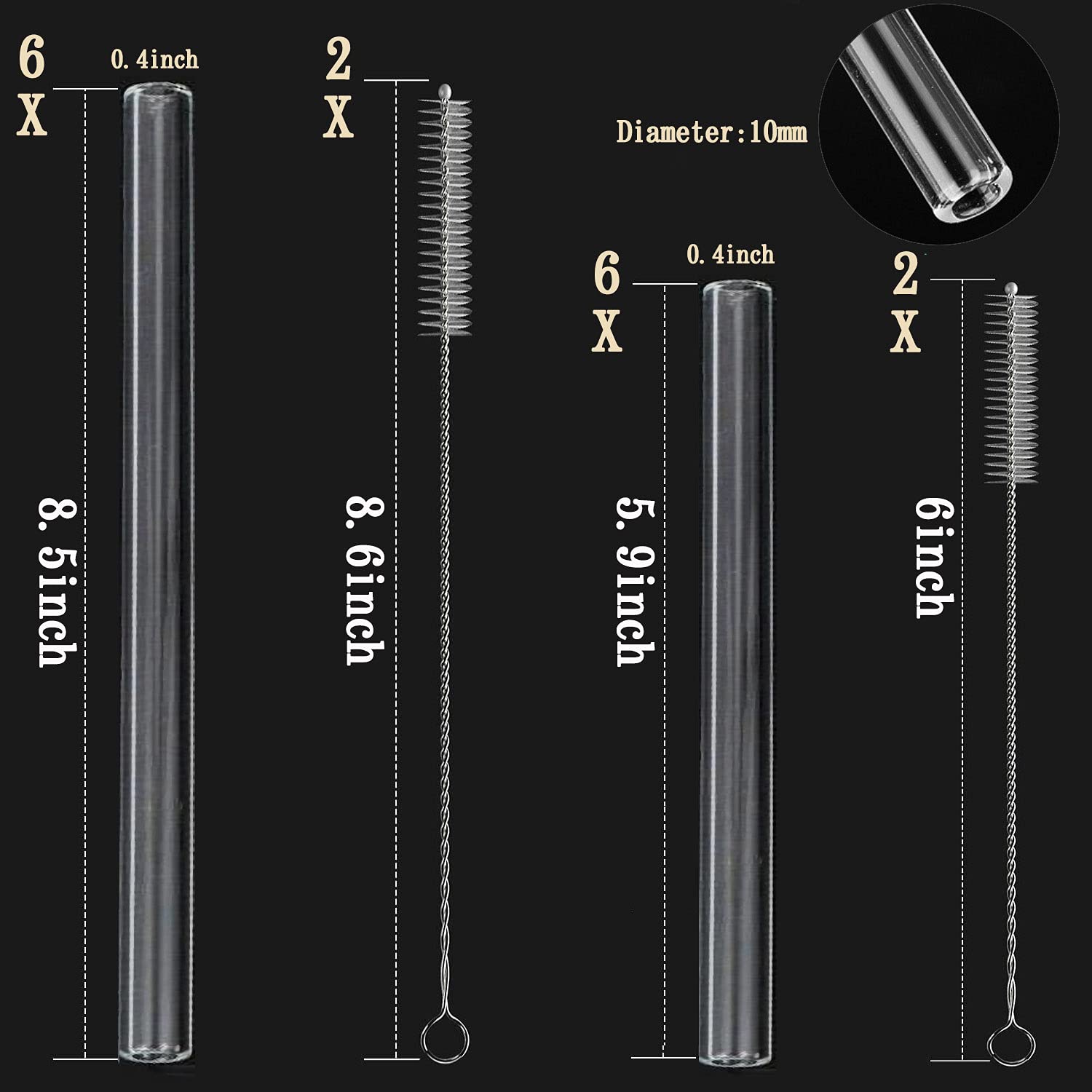 12 Pack Reusable Glass Straws Set,6 straight long straws 9"x 10 mm-Smoothie Straws reusable,6 straight short straws 6"x 10 mm-cocktail straws,With 4 cleaning brushes to clear straws