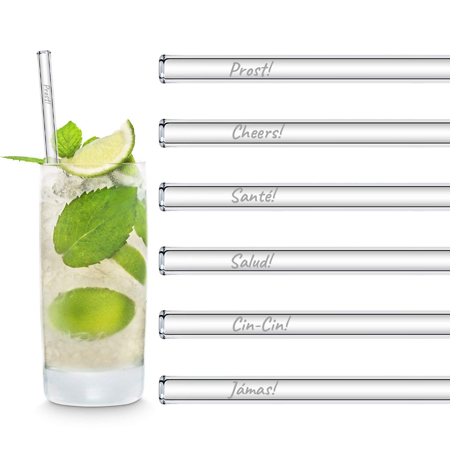 HALM Glass Straws - International Toast Edition - 6 Reusable Drinking Straws with "Cheers" in 6 different languages 20cm (8 in) - Prost, Salud - Made in Germany - Dishwasher Safe - Eco-Friendly