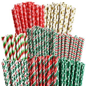 alink 200 christmas paper straws, 8 styles red green white gold biodegradable party drinking straws with stripe, wave, christmas tree snowflake design decorations supplies