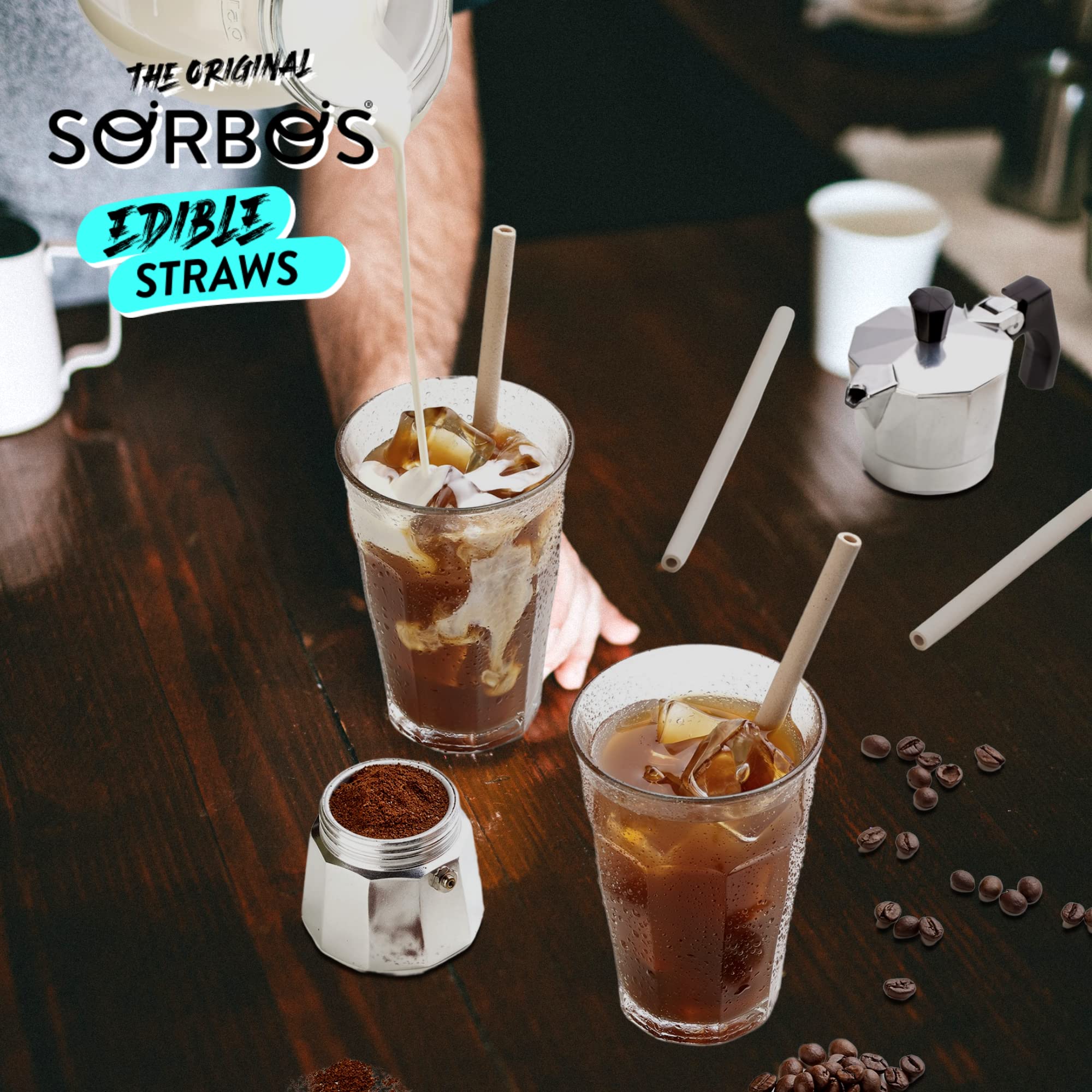 Sorbos Edible Straws, Coffee Flavored, Sustainable, Individually Packaged, No Plastic, No Allergens, No Gluten, No PFAS, Eco Friendly, 7.4 inches long (Pack of 200)