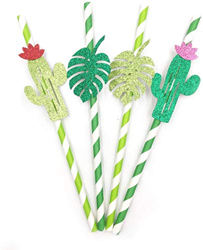 10 Pieces Cactus Monstera Leaf Drinking Straws Disposable Paper Straws for Hawaiian Party Supplies