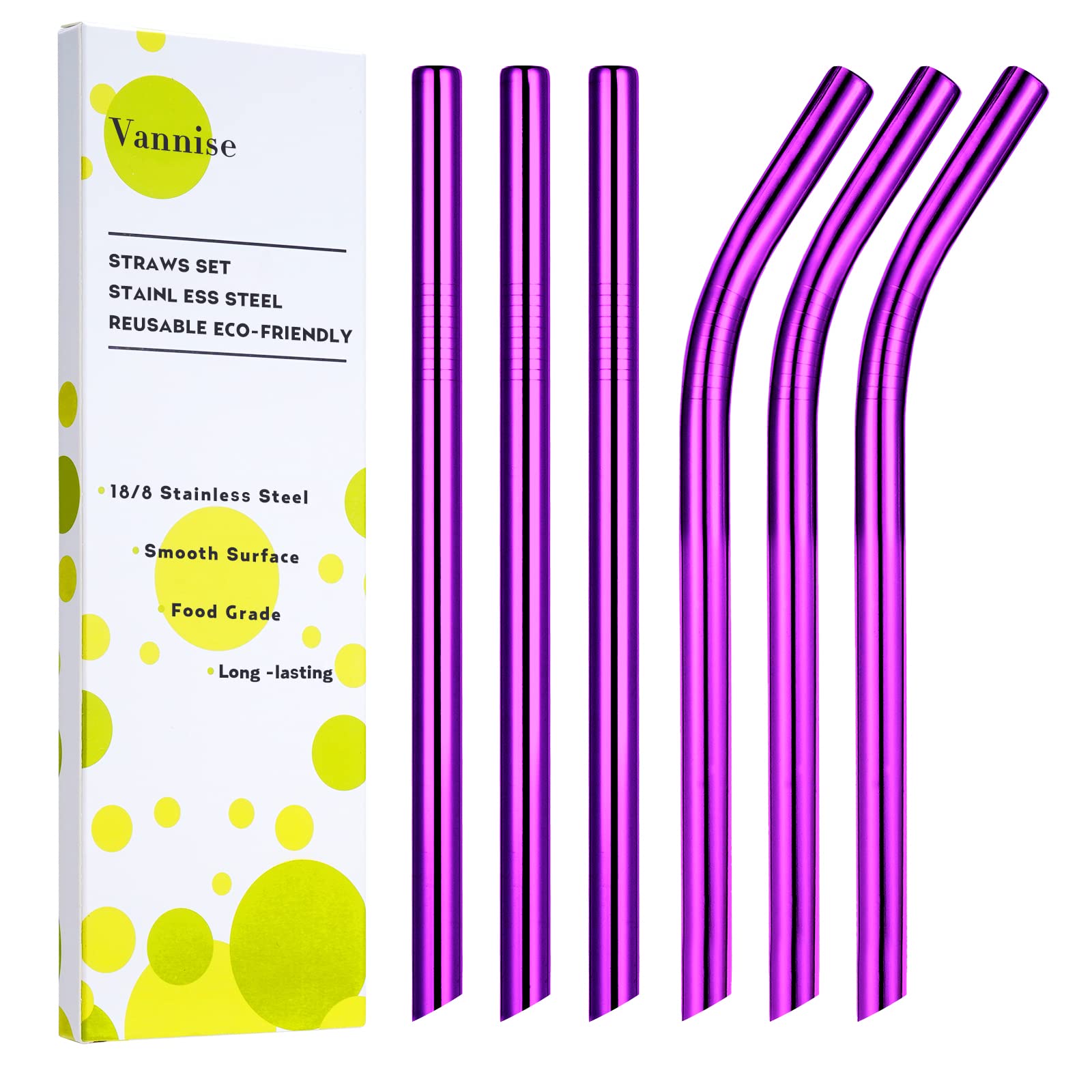 Vannise Stainless Steel Boba Straws, 6 Pack 8.5'' & 10.5'' Long Straws x 0.5'' Diam Wide Mouth Straw, Reusable bubble tea Straws & smoothie Straws for Homemade Thick Drinks, Purple Metal Straw