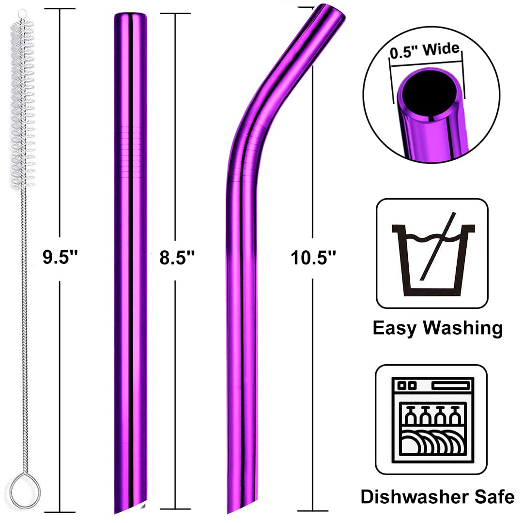 Vannise Stainless Steel Boba Straws, 6 Pack 8.5'' & 10.5'' Long Straws x 0.5'' Diam Wide Mouth Straw, Reusable bubble tea Straws & smoothie Straws for Homemade Thick Drinks, Purple Metal Straw