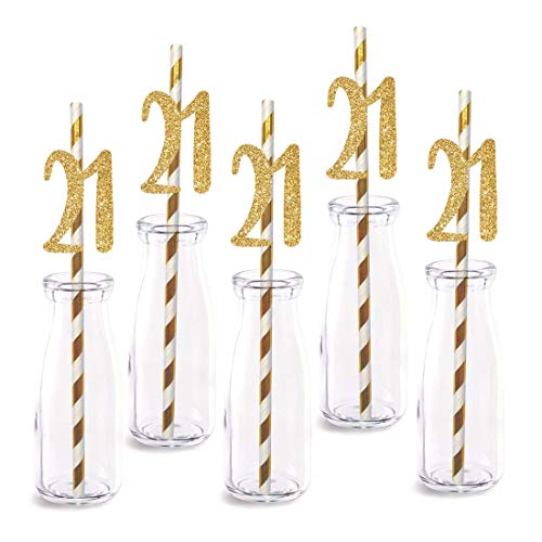 21st Birthday Paper Straw Decor, 24-Pack Real Gold Glitter Cut-Out Numbers Happy 21 Years Party Decorative Straws