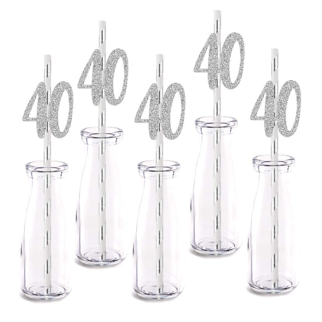 Silver Happy 40th Birthday Straw Decor, Silver Glitter 24pcs Cut-Out Number 40 Party Drinking Decorative Straws, Supplies