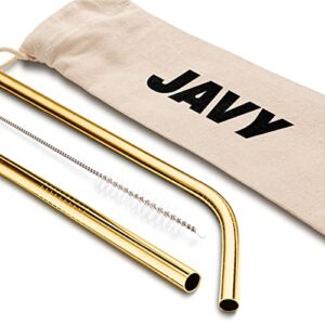 javy premium metal straws with silicone tip, cleaning brush & travel case, stainless steel straws with copper finish, reusable, dishwasher safe, set of 2