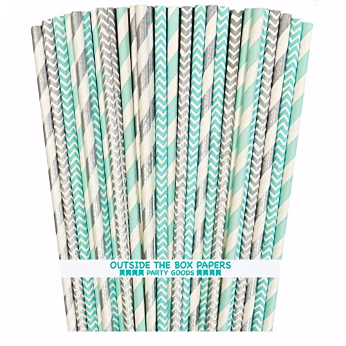 Outside the Box Papers Light Blue and Silver Stripe and Chevron Paper Straws 7.75 Inches 100 Pack Light Blue, Silver, White