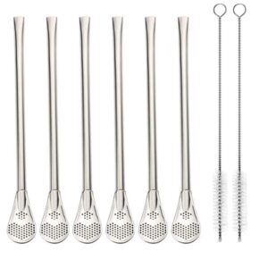 fruta stainless steel drinking straws with filter spoon 6 pcs reusable yerba mate tea bombilla drinking straws with 2 pcs cleaning brushes set, 7.1inch/18cm long