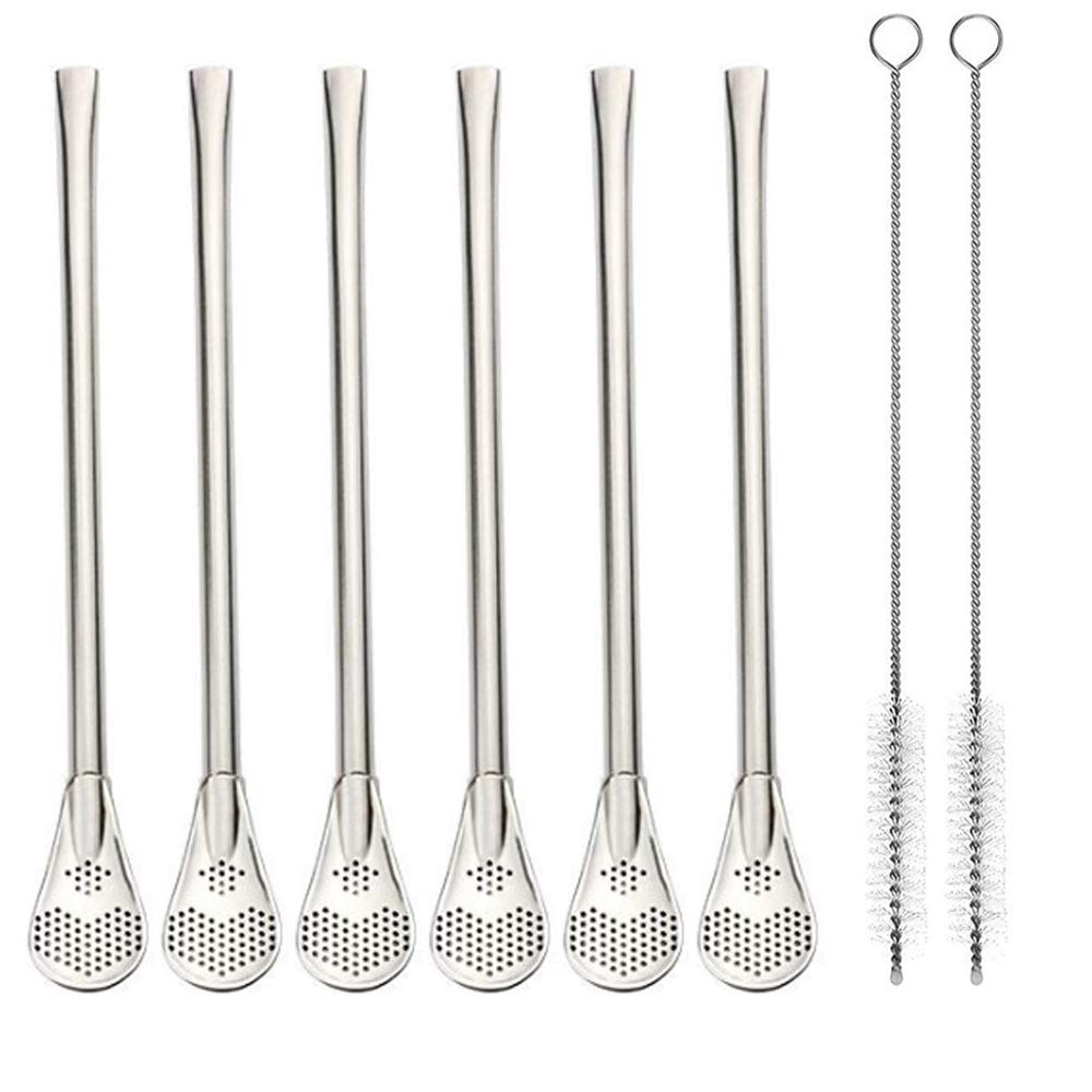 FRUTA Stainless Steel Drinking Straws with Filter Spoon 6 Pcs Reusable Yerba Mate Tea Bombilla Drinking Straws with 2 Pcs Cleaning Brushes Set, 7.1inch/18CM Long