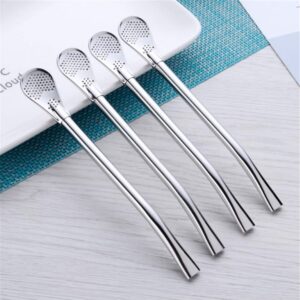 FRUTA Stainless Steel Drinking Straws with Filter Spoon 6 Pcs Reusable Yerba Mate Tea Bombilla Drinking Straws with 2 Pcs Cleaning Brushes Set, 7.1inch/18CM Long