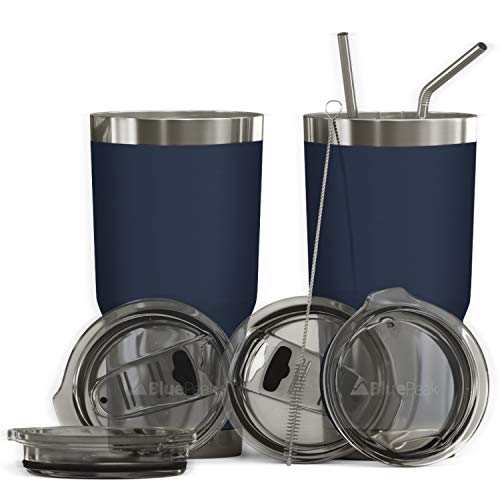 BluePeak Double Wall Vacuum Stainless Steel Insulated Tumblers Set, 2-Pack - Includes 2 Sipping Lids, 2 Spill-Proof Sliding Lids, 2 Straws, 1 Cleaning Brush & Gift Box (30 oz, Navy)