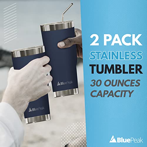 BluePeak Double Wall Vacuum Stainless Steel Insulated Tumblers Set, 2-Pack - Includes 2 Sipping Lids, 2 Spill-Proof Sliding Lids, 2 Straws, 1 Cleaning Brush & Gift Box (30 oz, Navy)