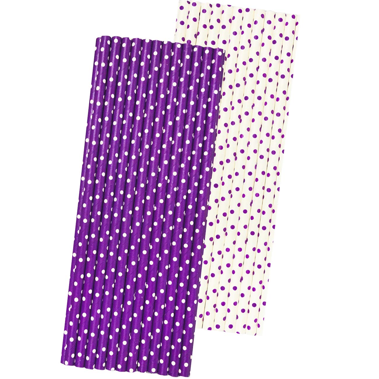 Purple and White Paper Straws - Polka Dot - 7.75 Inches - 50 Pack