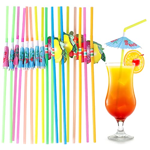 [100 Pcs] Fruit Cocktail Drink Umbrella Straws - Disposable Party Drink Umbrella Hawaiian Straws Luau Party Decorations Supplies