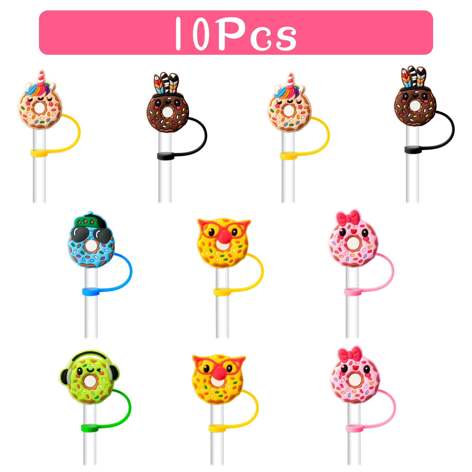 ANGOLIO 10Pcs Donut Dessert Straw Cover Cap Reusable Silicone Straw Toppers Cute Drinking Straw Tips Lids for 6-8 mm Drinking Straw Cap Lids Cap Dust proof for Party Supplies (Not include Straw)