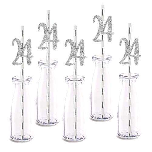 Silver Happy 24th Birthday Straw Decor, Silver Glitter 24pcs Cut-Out Number 24 Party Drinking Decorative Straws, Supplies