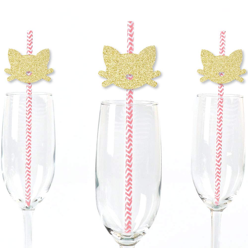 Big Dot of Happiness Gold Glitter Cat Party Straws - No-Mess Real Gold Glitter Cut-Outs and Decorative Purr-FECT Kitty Cat/Kitten Meow Baby Shower or Birthday Party Paper Straws - Set of 24