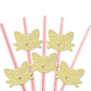 Big Dot of Happiness Gold Glitter Cat Party Straws - No-Mess Real Gold Glitter Cut-Outs and Decorative Purr-FECT Kitty Cat/Kitten Meow Baby Shower or Birthday Party Paper Straws - Set of 24