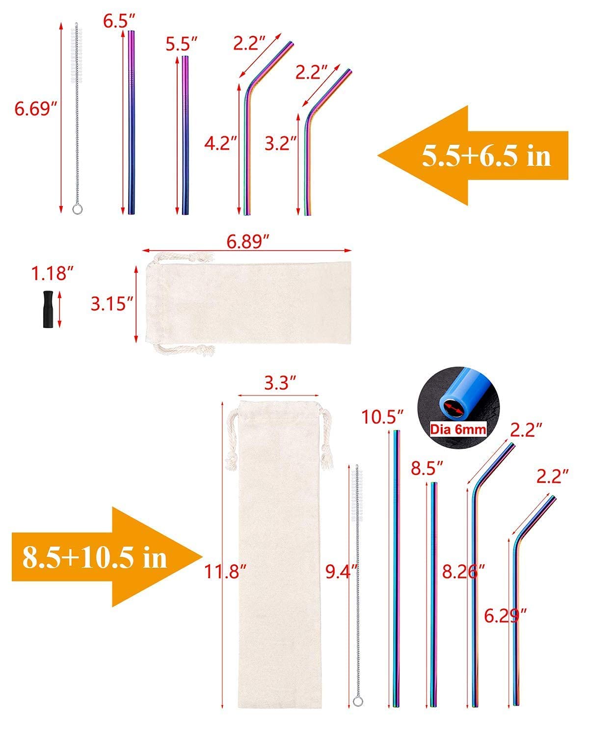 Reusable Metal Straws Short Steel Straws for Drinks, 5.5" + 6.5" + 8.5" + 10.5", straight + bent straws, with silicone tips and cleaning brush