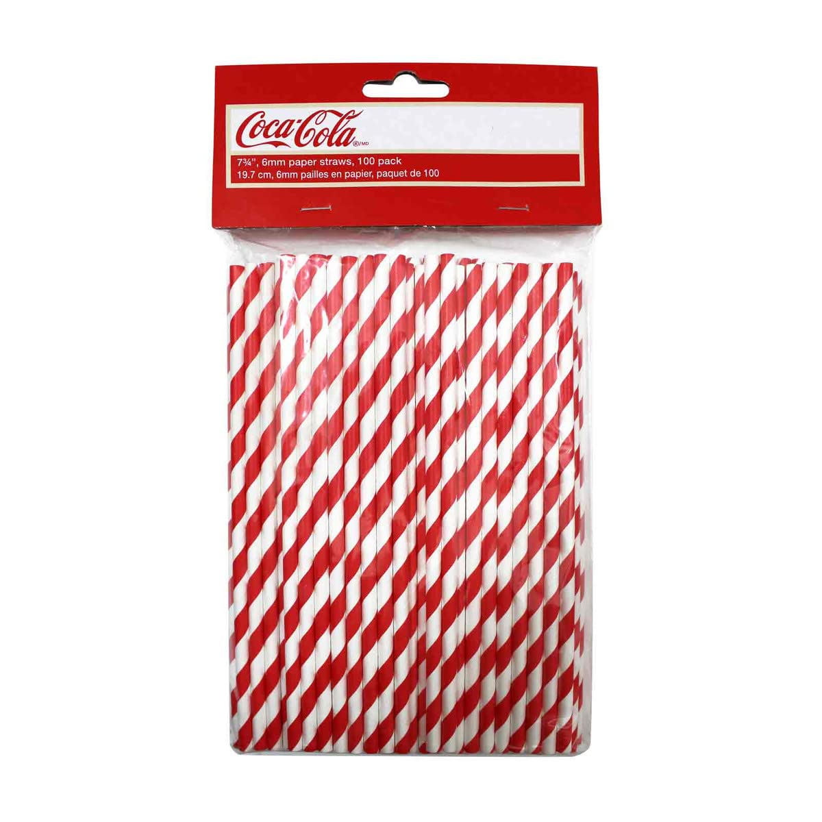 Tablecraft Coca-Cola branded 7.75" (6mm) Paper Straws, Red and White Stripe, Pack of 100