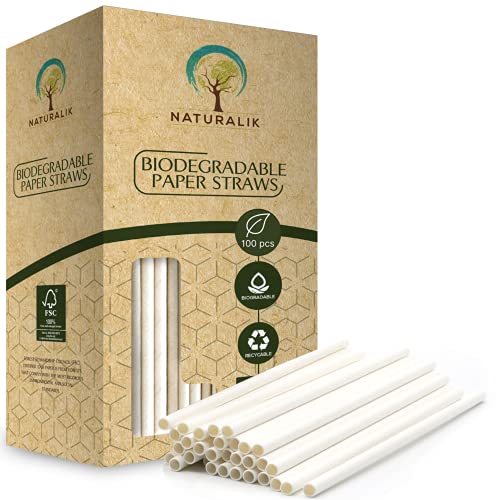 Naturalik 100-Pack Extra Durable White Paper Straws Biodegradable- Premium Eco-Friendly Paper Straws Bulk- Drinking Straws for Juices, Restaurants and Party supplies, 7.7" (White, 100ct)