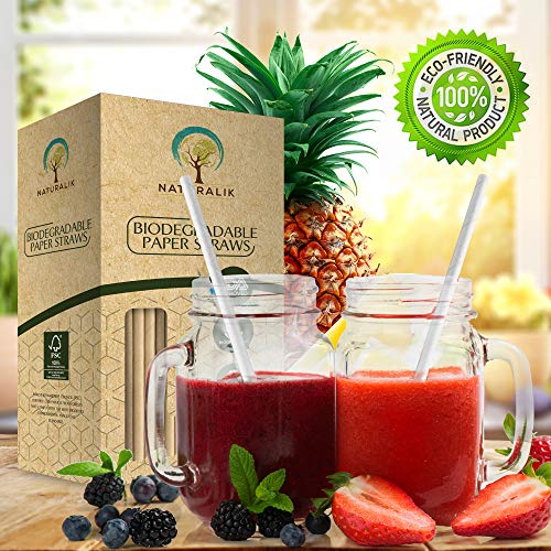 Naturalik 100-Pack Extra Durable White Paper Straws Biodegradable- Premium Eco-Friendly Paper Straws Bulk- Drinking Straws for Juices, Restaurants and Party supplies, 7.7" (White, 100ct)