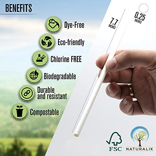 Naturalik 100-Pack Extra Durable White Paper Straws Biodegradable- Premium Eco-Friendly Paper Straws Bulk- Drinking Straws for Juices, Restaurants and Party supplies, 7.7" (White, 100ct)