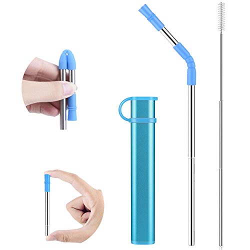 Reusable Collapsible Straw, Portable Stainless Steel Drinking Straw with Case, Straw Tip and Cleaning Brush for Travel, Party, Outdoor and Home Use (Blue Case Turqoise Tip)