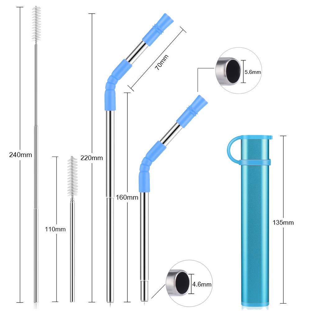 Reusable Collapsible Straw, Portable Stainless Steel Drinking Straw with Case, Straw Tip and Cleaning Brush for Travel, Party, Outdoor and Home Use (Blue Case Turqoise Tip)